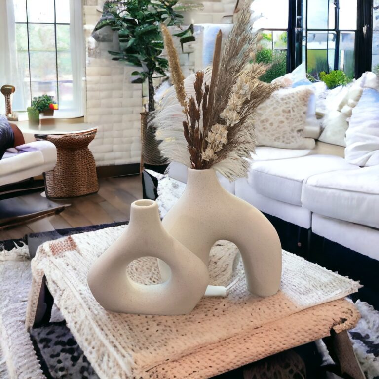 Nordic set of 2, u-shaped & ring shaped natural unglazed art ceramic ...
