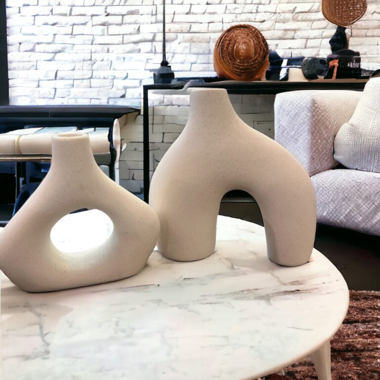 Nordic set of 2, u-shaped & ring shaped natural unglazed art ceramic ...